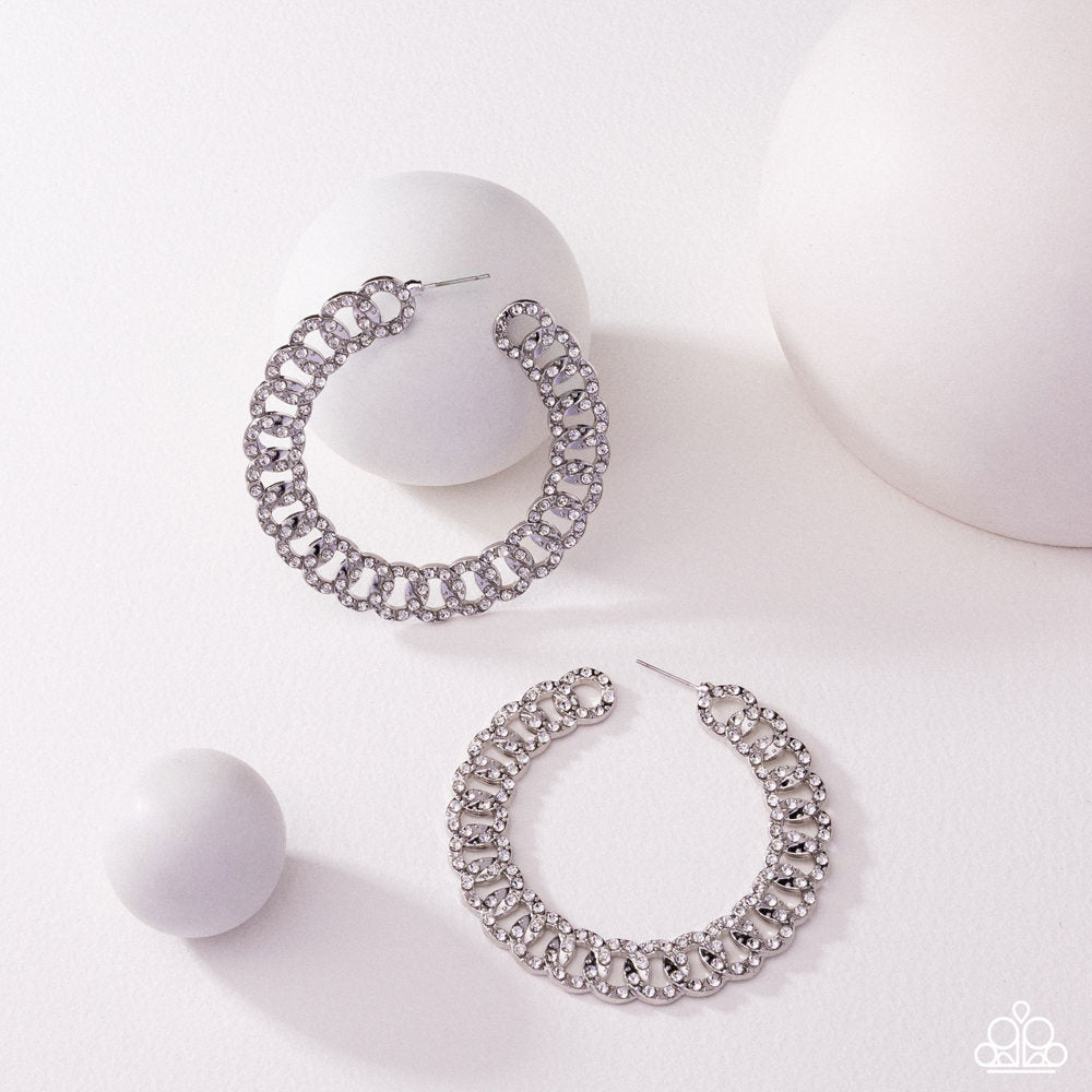 Interlocked Icing - White Rhinestone Silver Link Hoop Earrings – Sugar ...