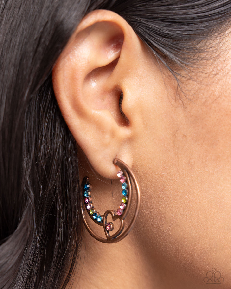 Sympathetic Sweetheart - Copper Heart Multi Rhinestone Hoop Earrings ...