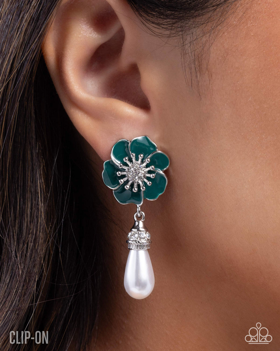 Regency Reign - Green Flower White Pearl Silver Clip-On Earrings ...