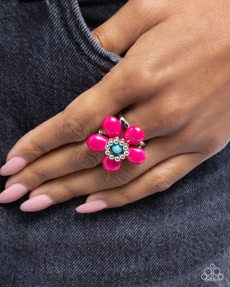 Stony Solidarity - Pink and Turquoise Bead Flower Silver Ring – Sugar ...