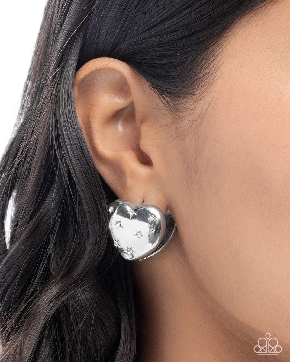 Sweetheart Stars - White Rhinestone Silver Heart Hinge Hoop Earrings ...