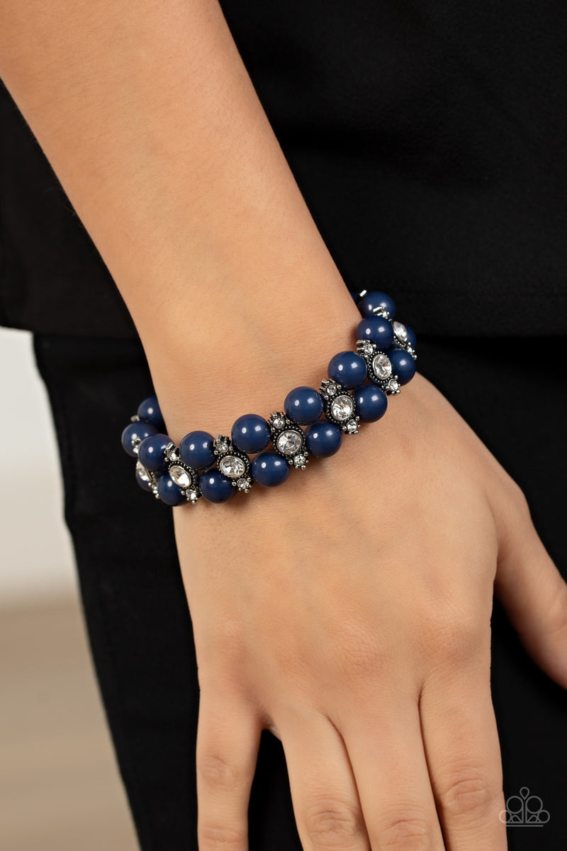 Starlight Reflection - Blue Bead White Rhinestone Stretchy Bracelet ...